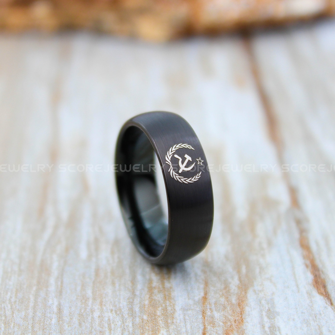 USSR Ring, Communist Ring, CCCP Ring, 8mm Black Tungsten Band Domed ...