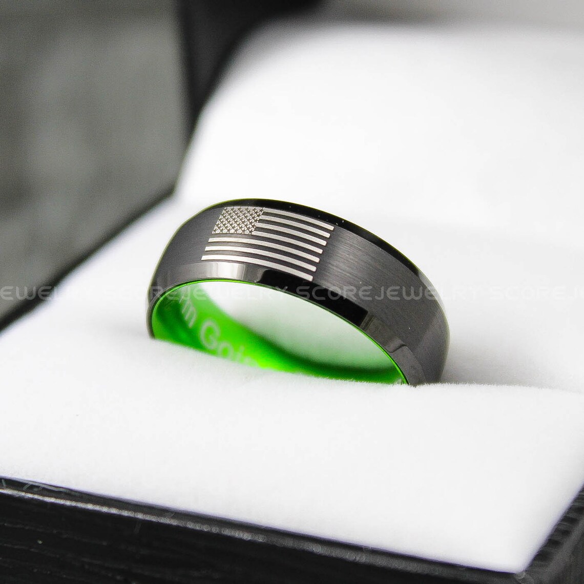 American Flag Ring, Military Ring, 8mm Black Tungsten Band With Domed ...