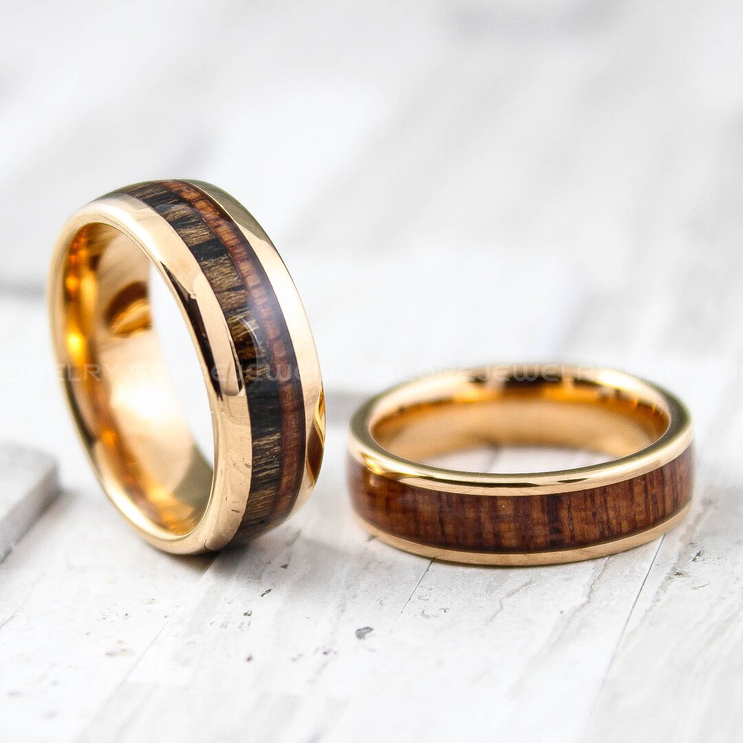 Wood Wedding Rings, Rose Gold Wedding Band, 2 Piece Couple Set Tungsten ...