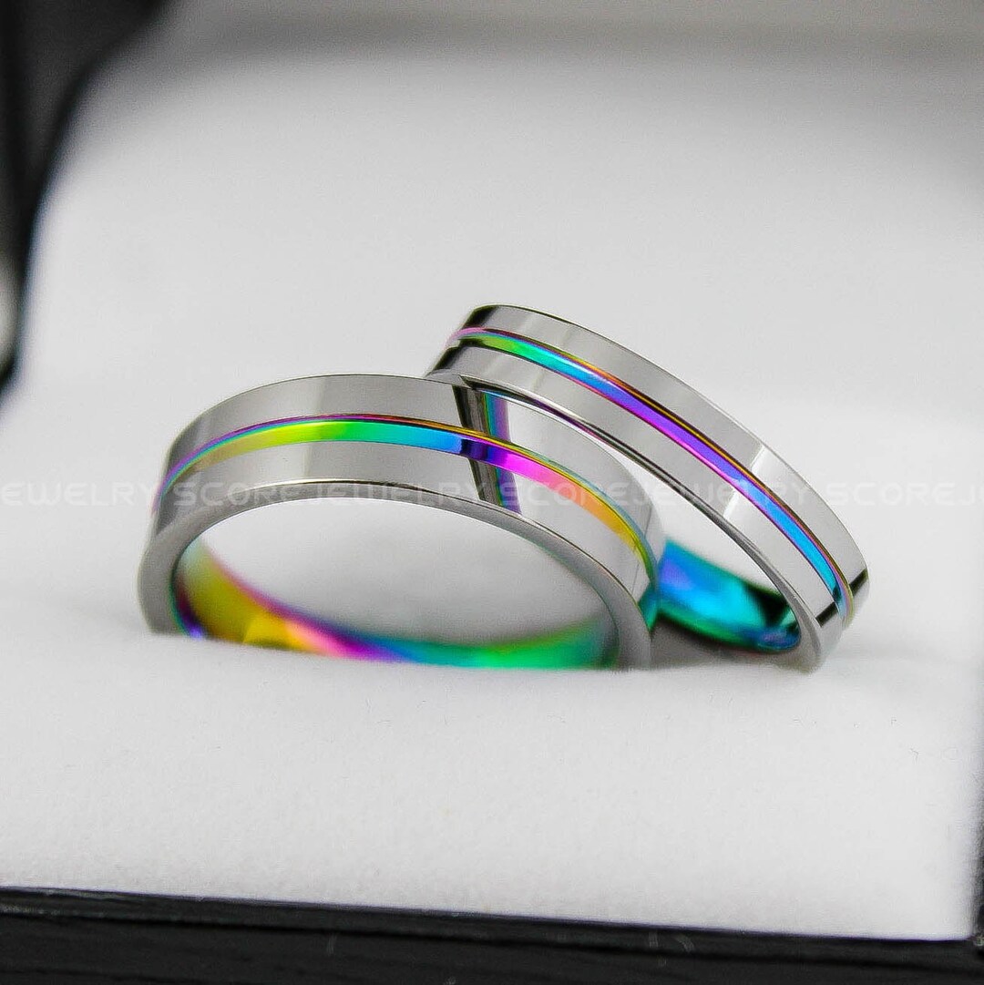 Rainbow Rings, Rainbow Wedding Rings, 2 Piece Couple Set Silver ...