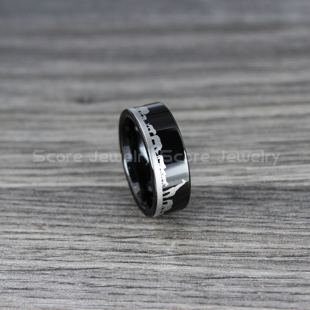 Safari Ring, Africa Ring, Black Tungsten Wedding Band With Flat Edge ...
