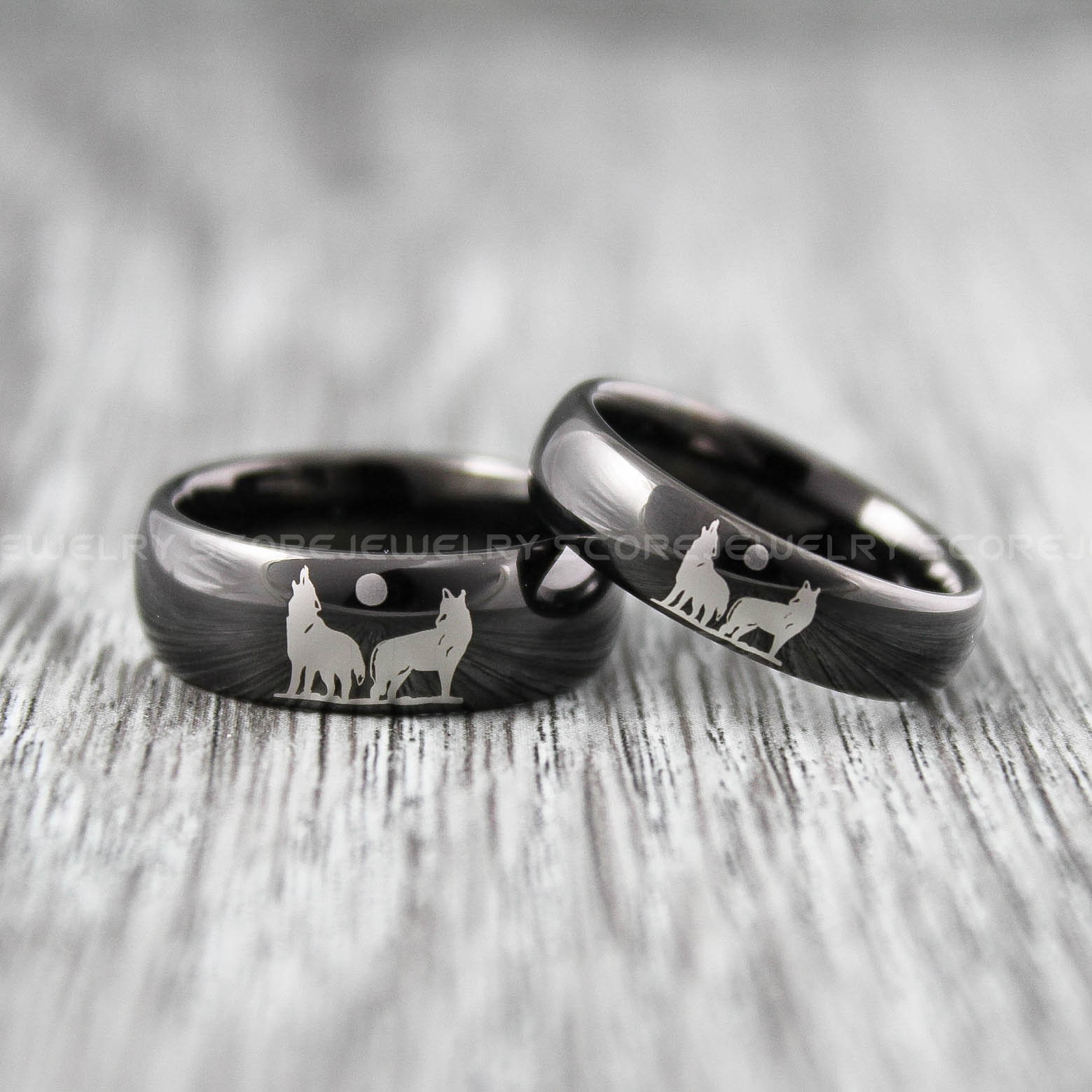 Wolves Wedding Rings Set, 3 Piece Couple Set 8mm & 6mm Black Tungsten ...