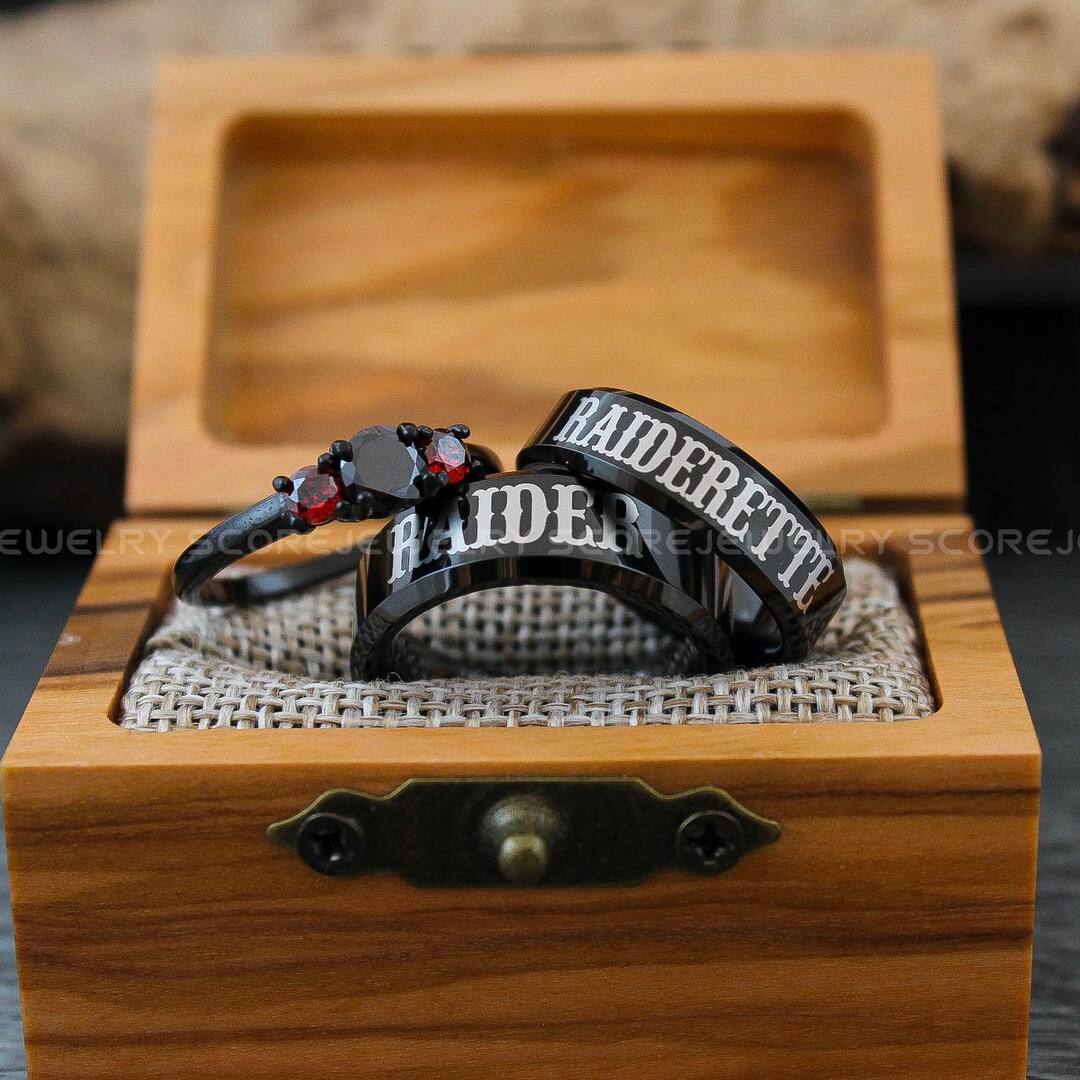 Raider Raiderette Rings, 3 Piece Couple Set Black Tungsten Rings With ...