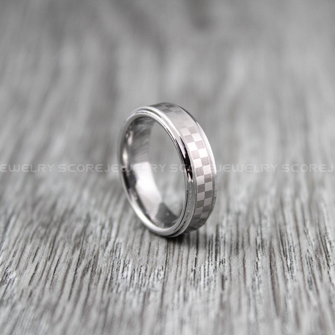 Checkered Flag Ring, Racing Ring, 6mm Silver Tungsten Wedding Band With ...
