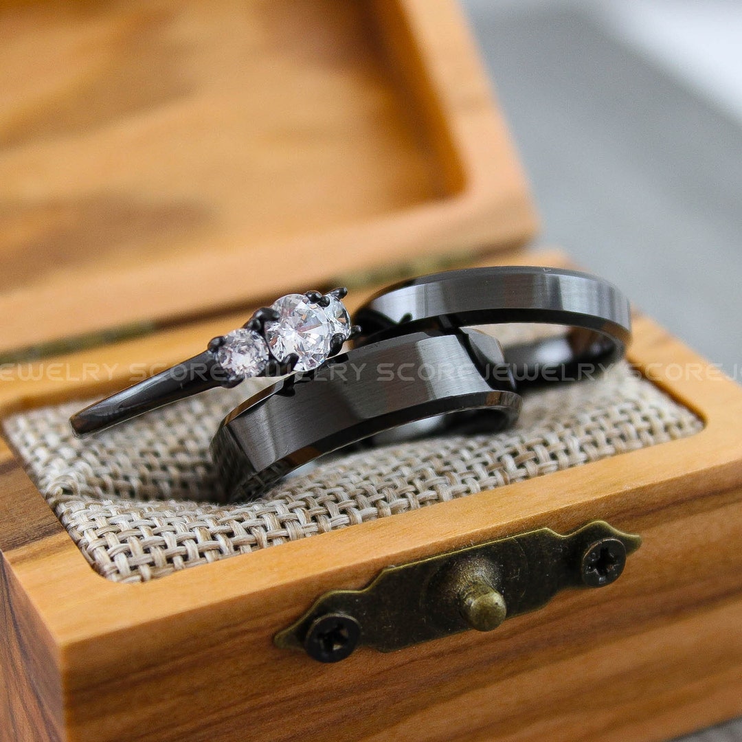 Couple Wedding Rings Set, 3 Piece Couple Set 6mm & 4mm Black Tungsten ...