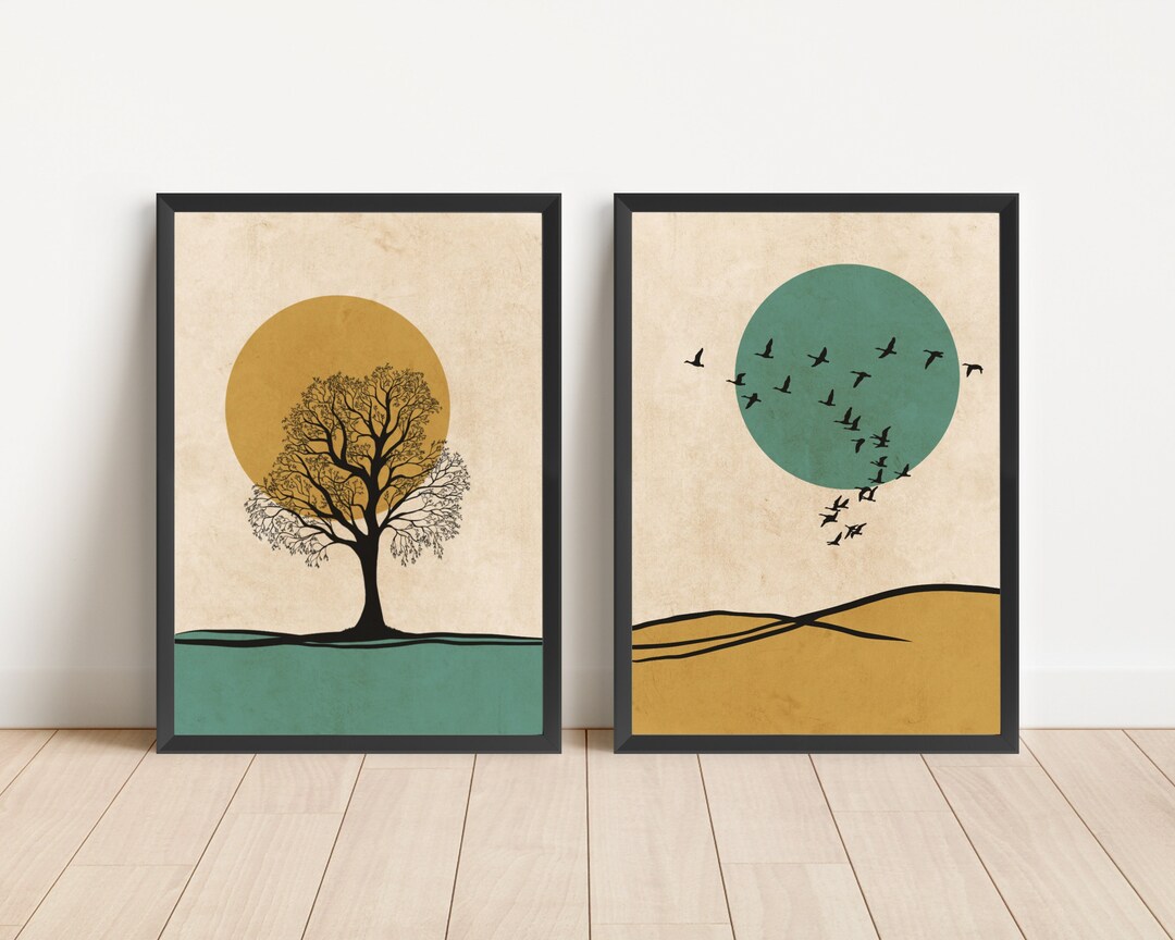 Sun Tree Birds Art, Sun Tree Birds Print, Set of 2 Prints, Minimal Wall ...