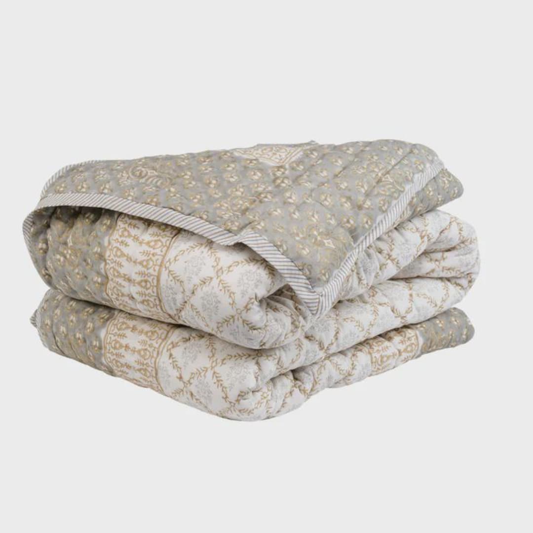 Floral Handmade Block-printed Quilt in Hues of Tan, Olive, and Gold ...