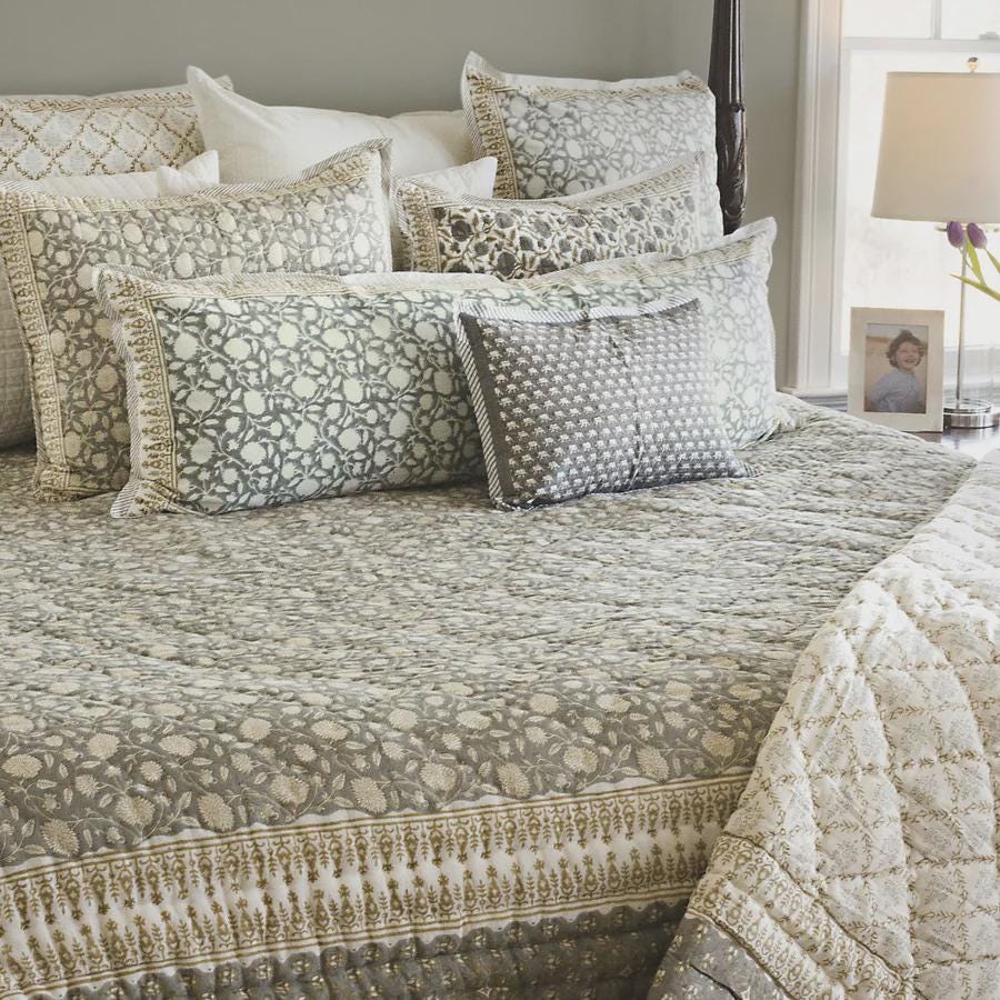 Floral Handmade Block-printed Quilt in Hues of Tan, Olive, and Gold ...
