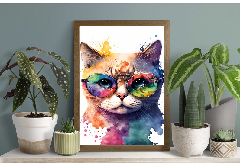 Aquarell Katze Kunstdruck, bunte Katze mit Brille, süßes Cartoon ...