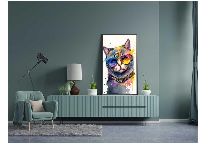 Watercolor Cat Art Print, Colorful Cat Wearing Glasses, Cute Cartoon ...