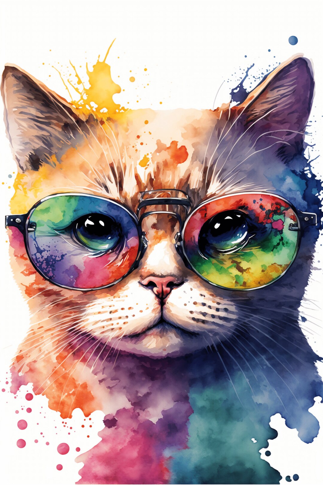 Watercolor Cat Art Print, Colorful Cat Wearing Glasses, Cute Cartoon ...