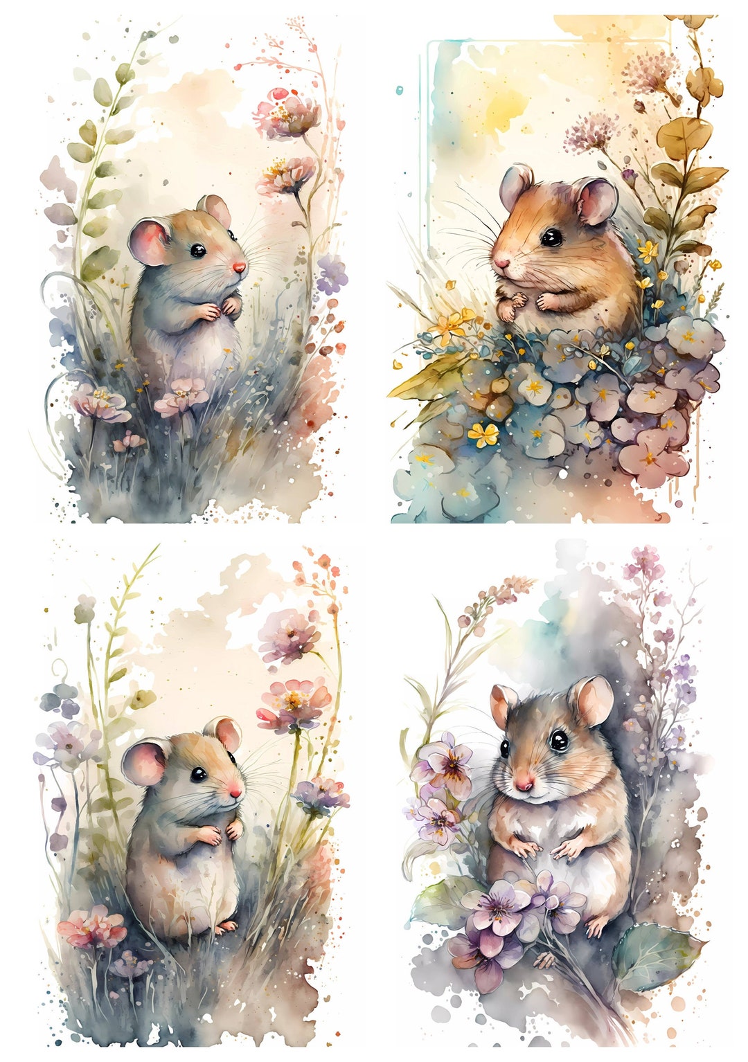 Watercolor Flowers and Mouse Wall Art, Mouse and Wildflowers Home Decor ...