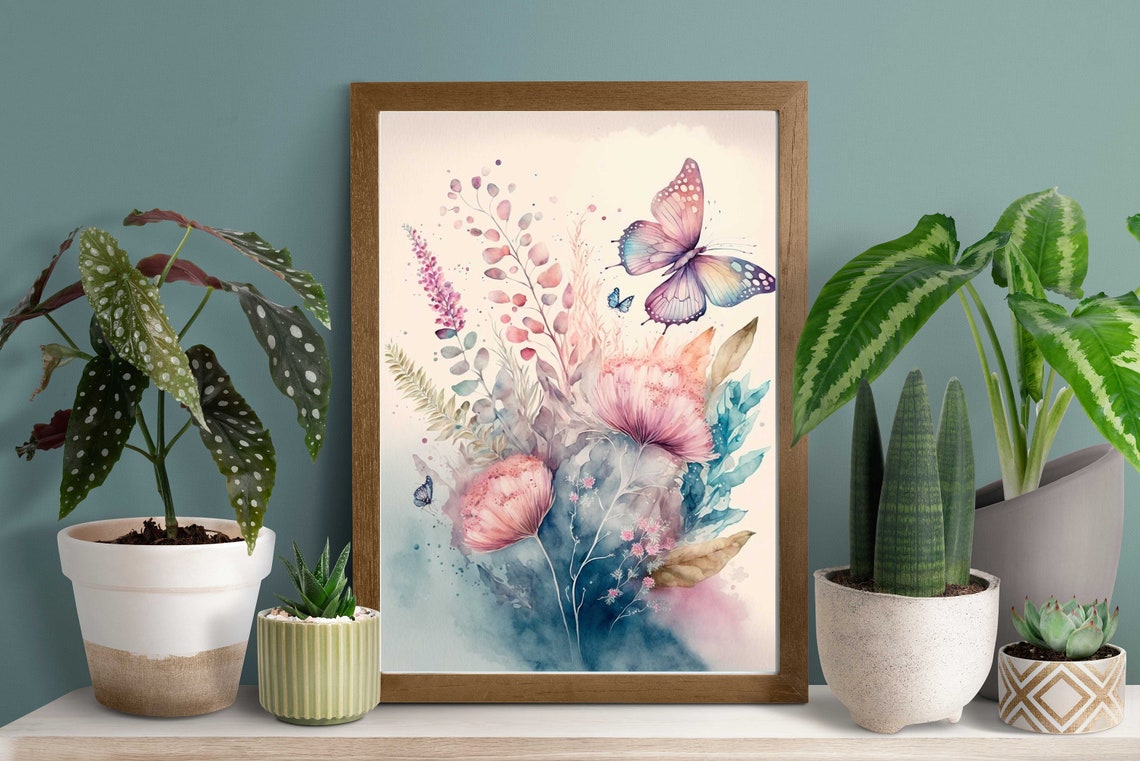 Watercolor Butterfly and Flower Wall Art, Butterflies and Wildflowers ...