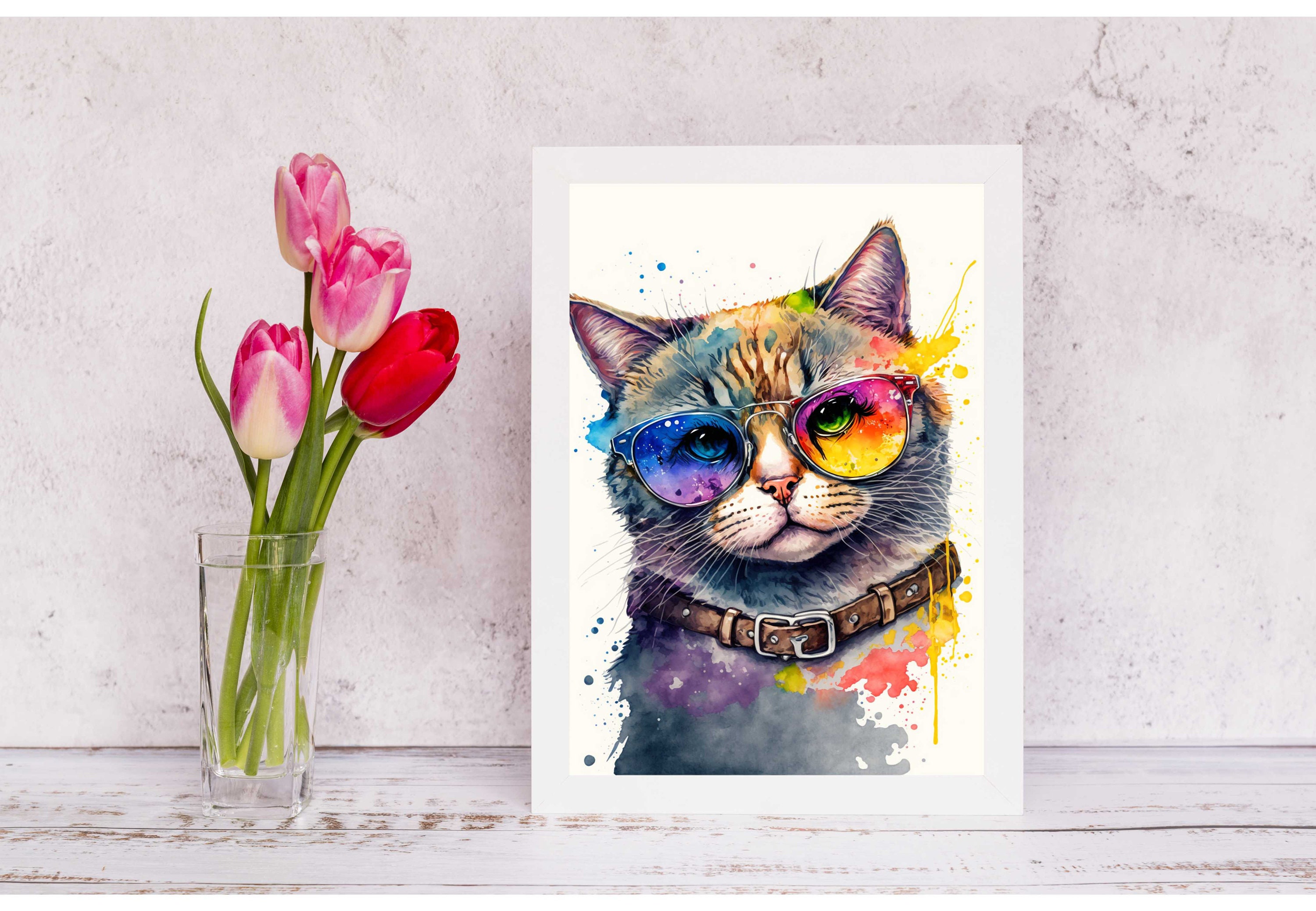 Watercolor Cat Art Print, Colorful Cat Wearing Glasses, Cute Cartoon ...