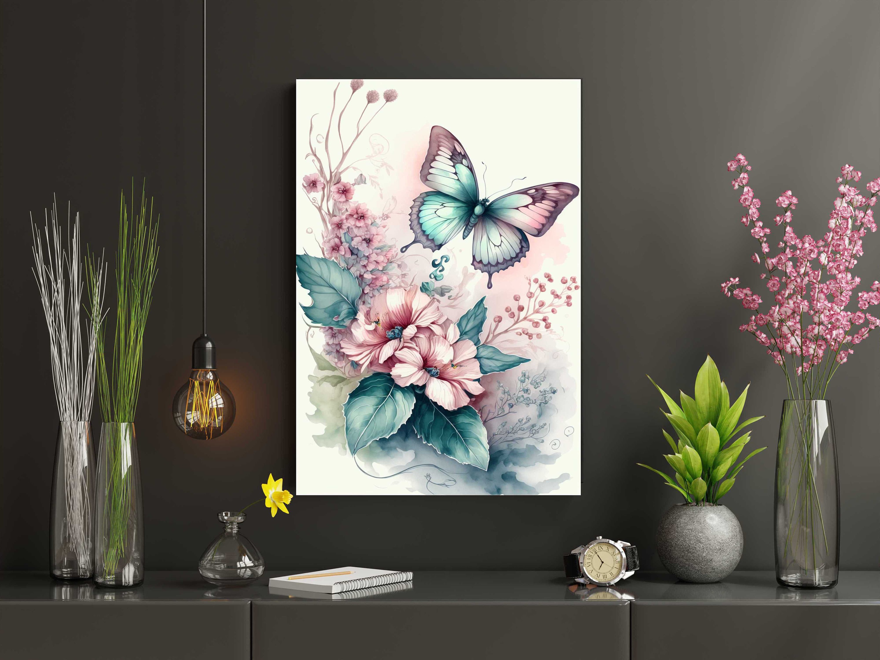 Watercolor Butterfly and Flower Wall Art, Butterflies and Wildflowers ...