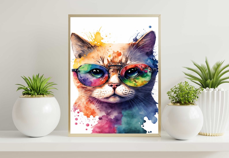 Watercolor Cat Art Print, Colorful Cat Wearing Glasses, Cute Cartoon ...