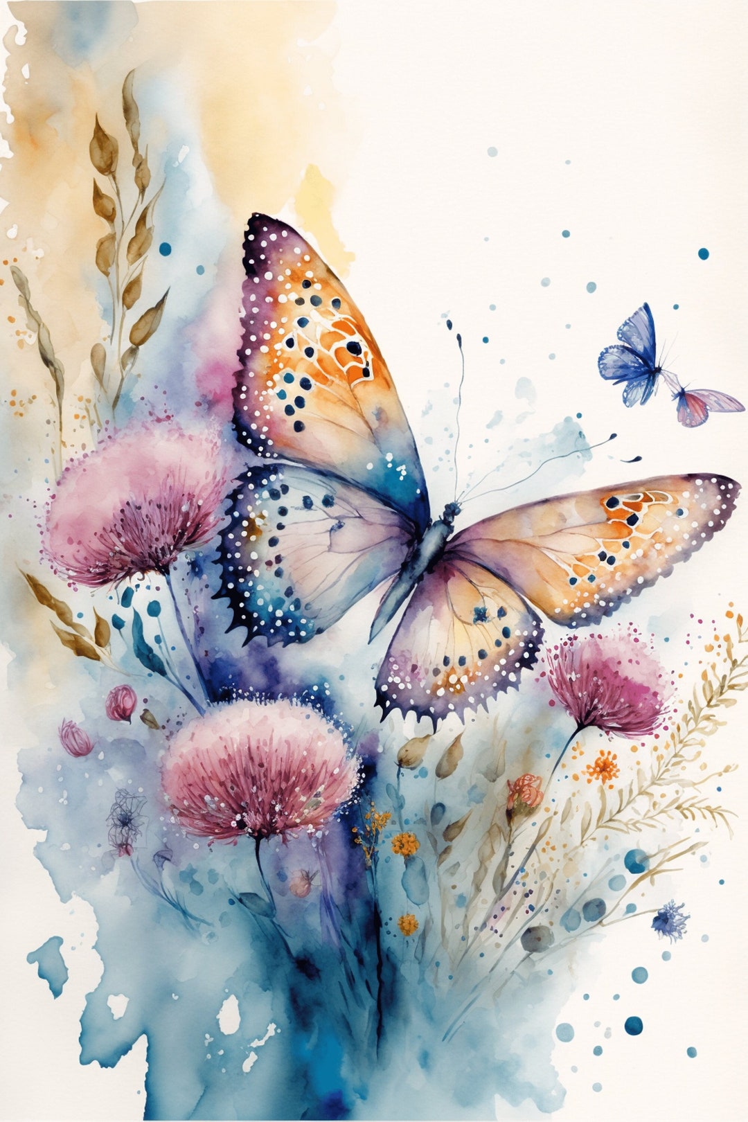 Watercolor Butterfly and Flower Wall Art, Butterflies and Wildflowers ...