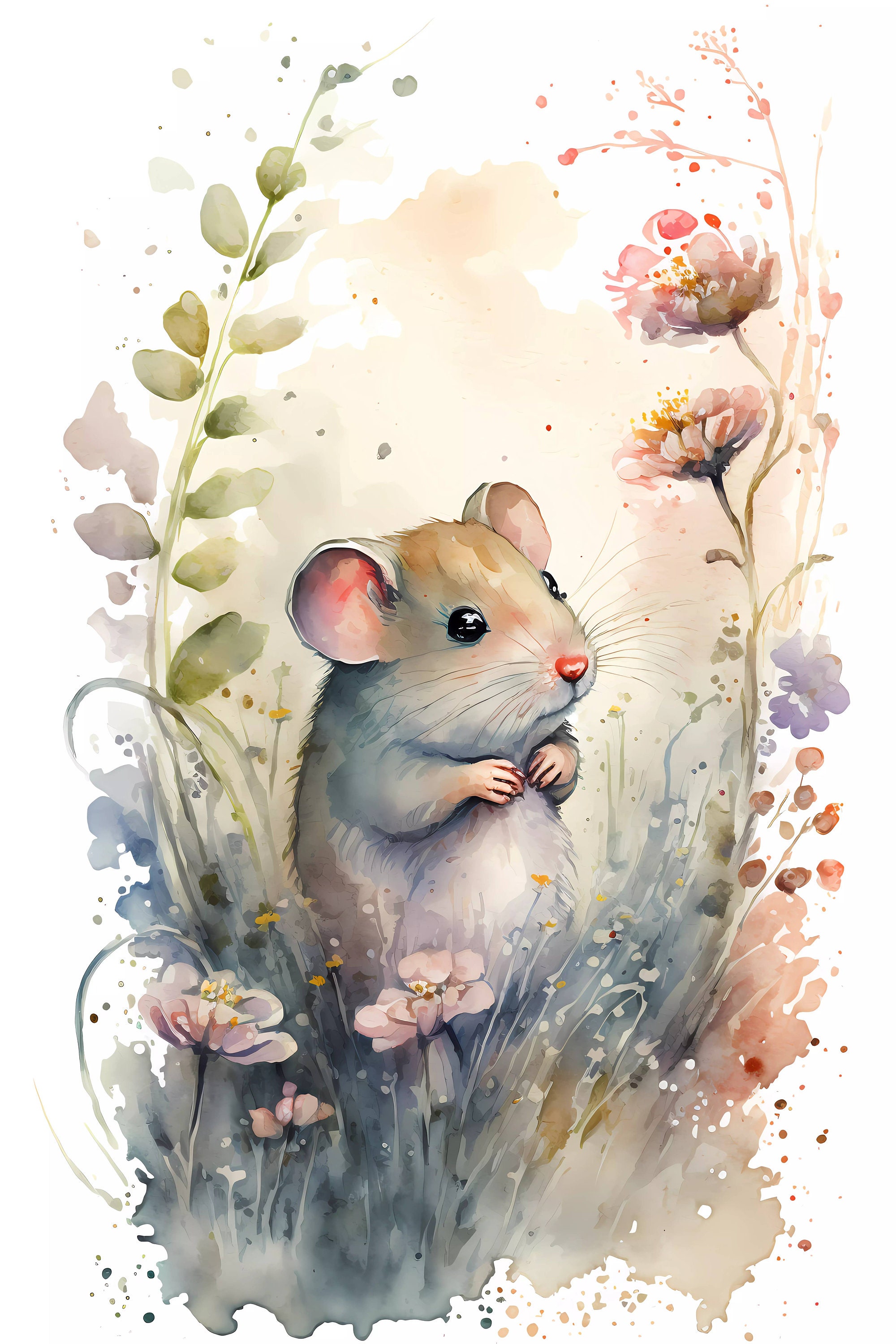 Watercolor Flowers and Mouse Wall Art, Mouse and Wildflowers Home Decor ...