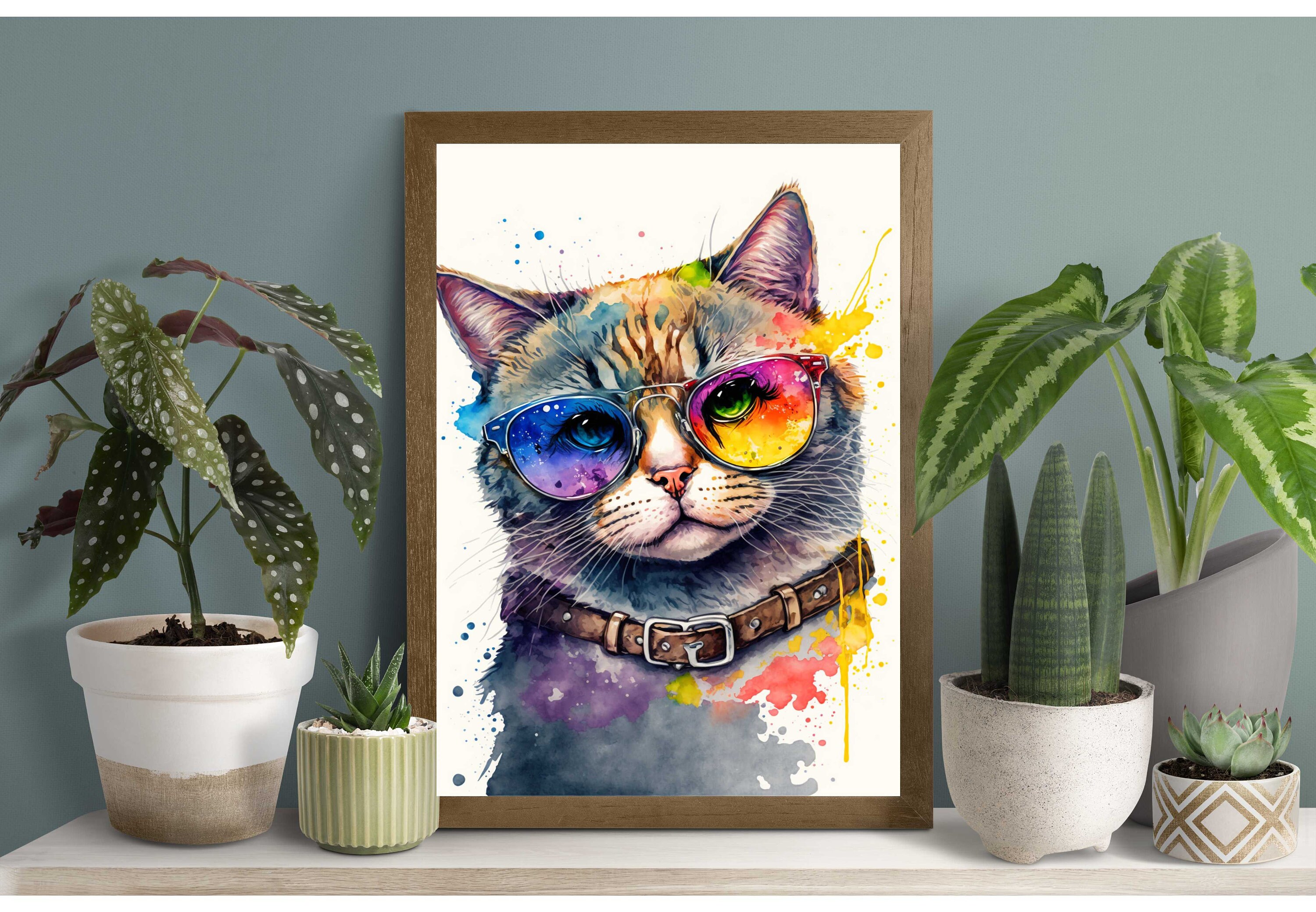 Watercolor Cat Art Print, Colorful Cat Wearing Glasses, Cute Cartoon ...