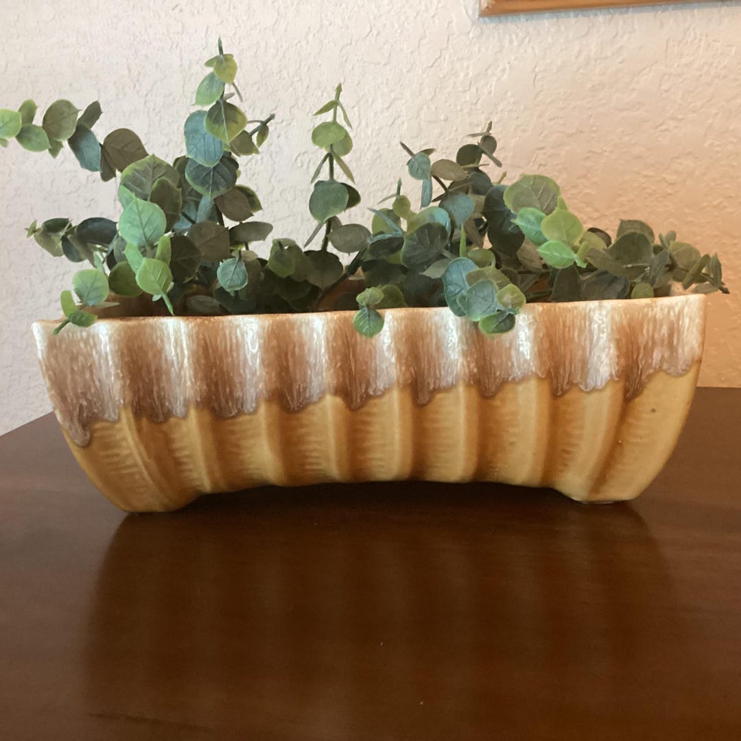 Vintage Cookson Pottery Large Planter, Yellow Glaze With Brown Drip ...