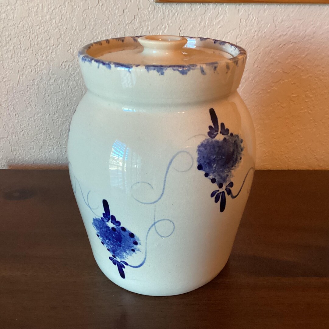 Thomas Ceramics Crock With Lid, Artist Signed, Blue Sponge Hearts ...