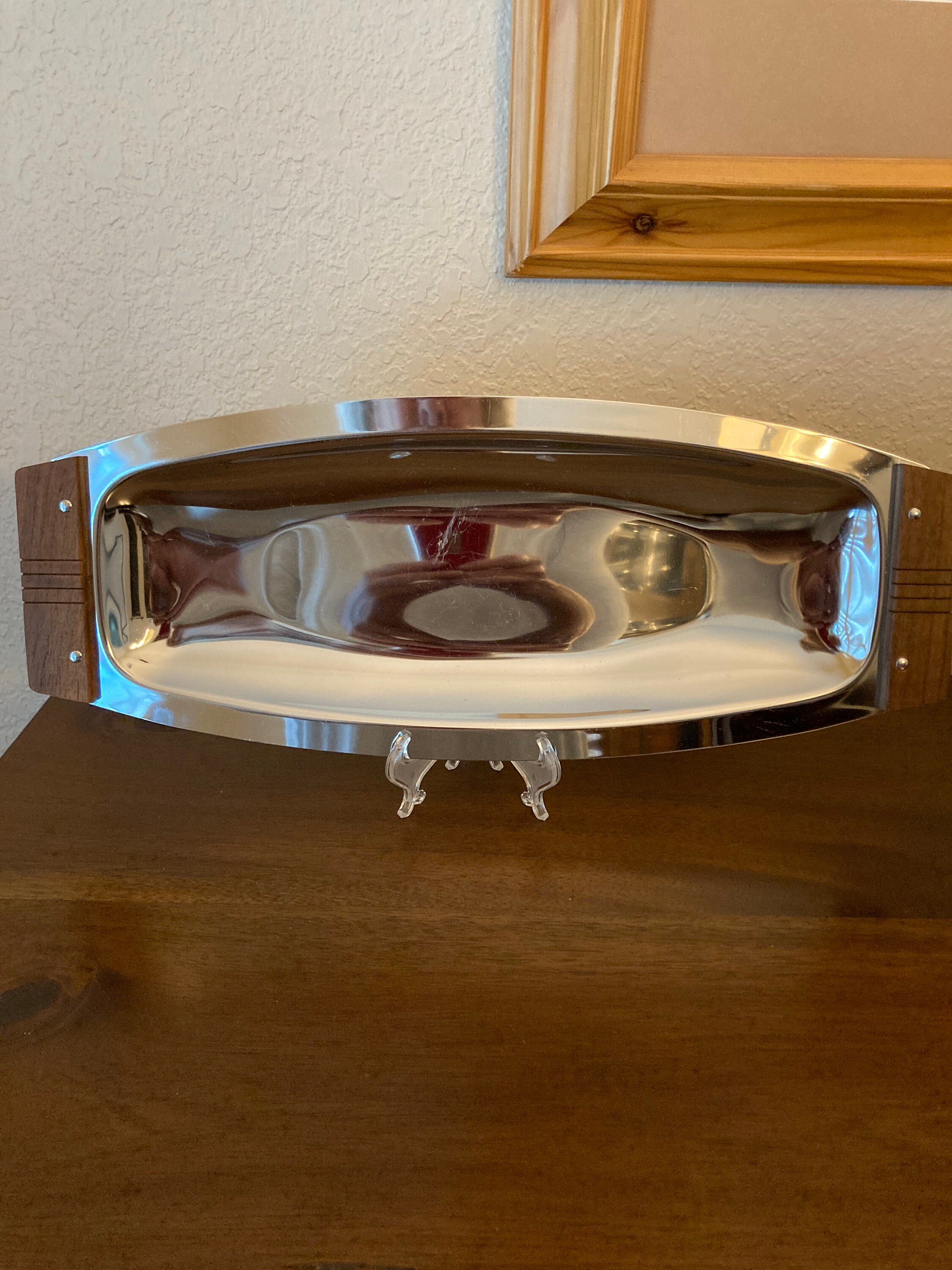 Vintage Kromex Danish Modern Stainless Steel Serving Plate With Wood ...