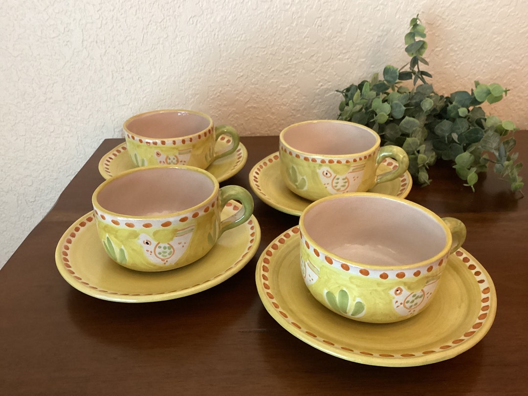 Set of 4 CAS Vietri Yellow Bird/chicken Cups and Saucers Made in Italy ...