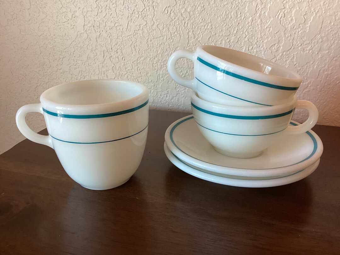 Vintage Pyrex Flat Cups and Saucers 2 and Single Coffee Mug, Teal Ring ...
