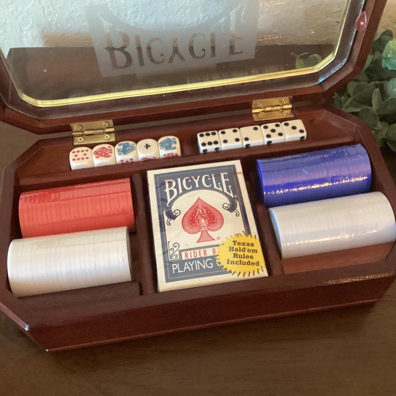 Vintage Bicycle Executive Poker Set, Wood Box With Glass Top, Chips ...