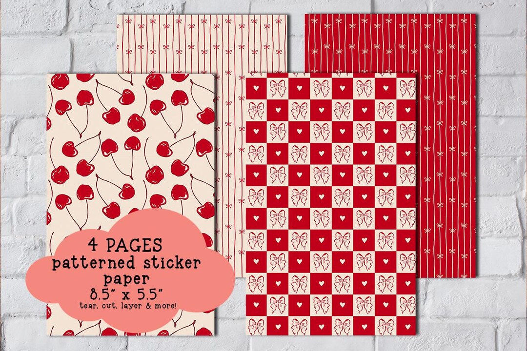 Coquette Valentine Patterned Sticker Paper, Set of 4 Pages, 5.5" X 8.5 ...