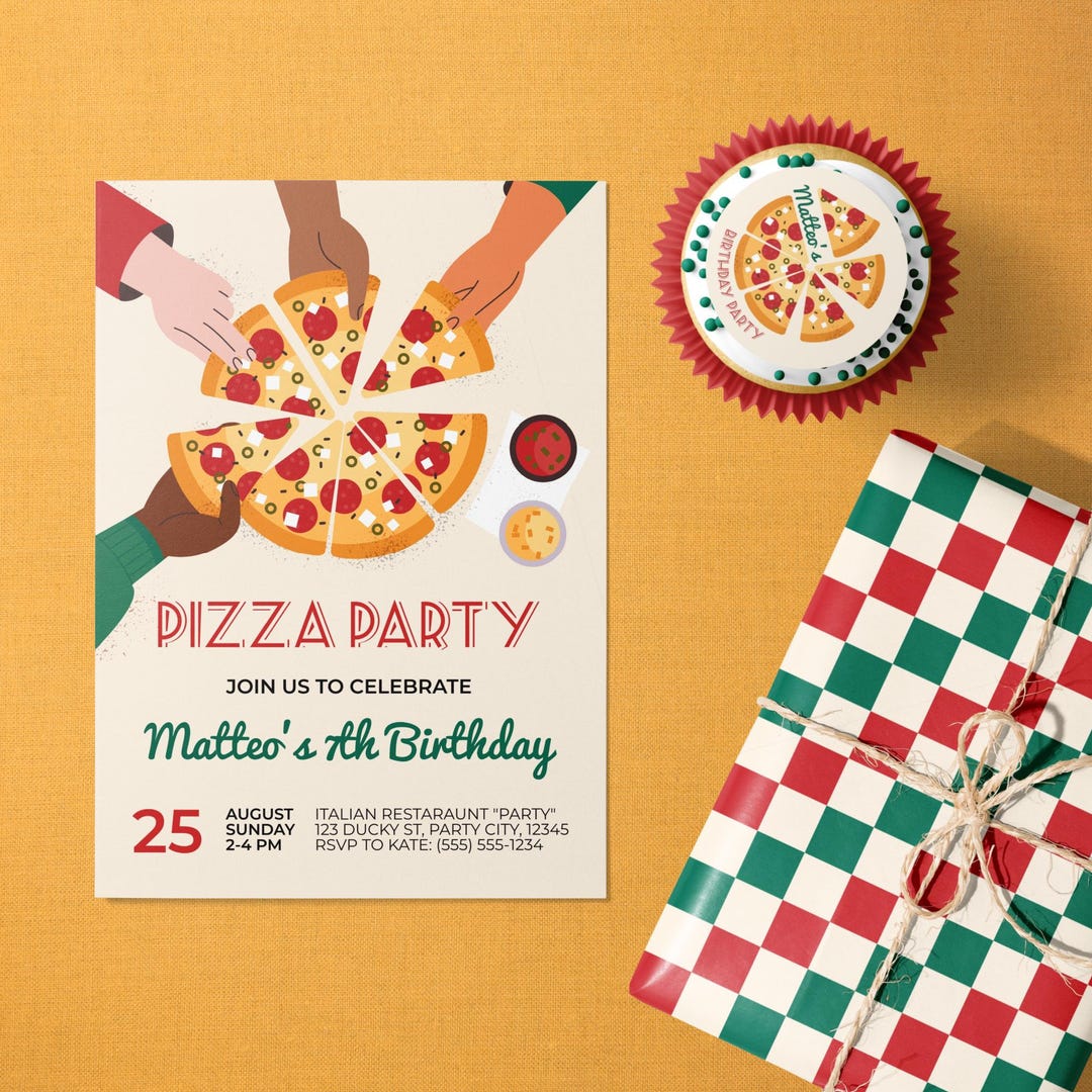 Pizza Party Bundle. Italian Pizza Birthday Invitation, Cupcake Topper ...