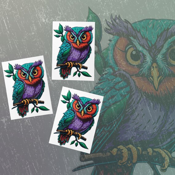 Owl Temporary Tattoo Transfers. Set of 3 Colorful Painted Owl Body ...