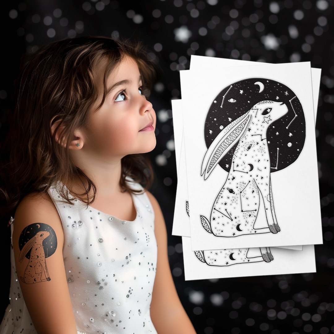 Сonstellation Rabbit Temporary Tattoos. Set of 3 Monochrome Space Bunny ...