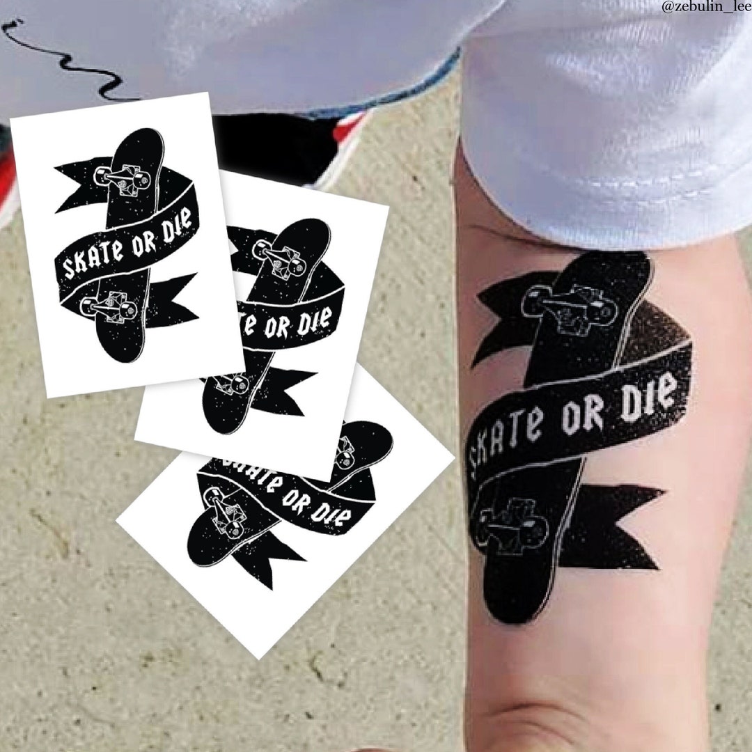 SKATE OR DIE Temporary Tattoo Transfers. Set of 3 Black and White Body ...