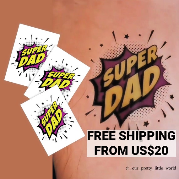 Super Dad comic style temporary tattoo transfers. Set of 3 superhero ...