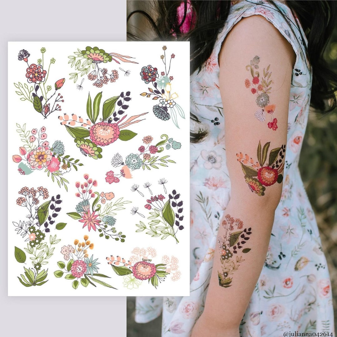 Floral Bouquet Temporary Tattoos: Romantic Flower Stickers, Kids Party ...