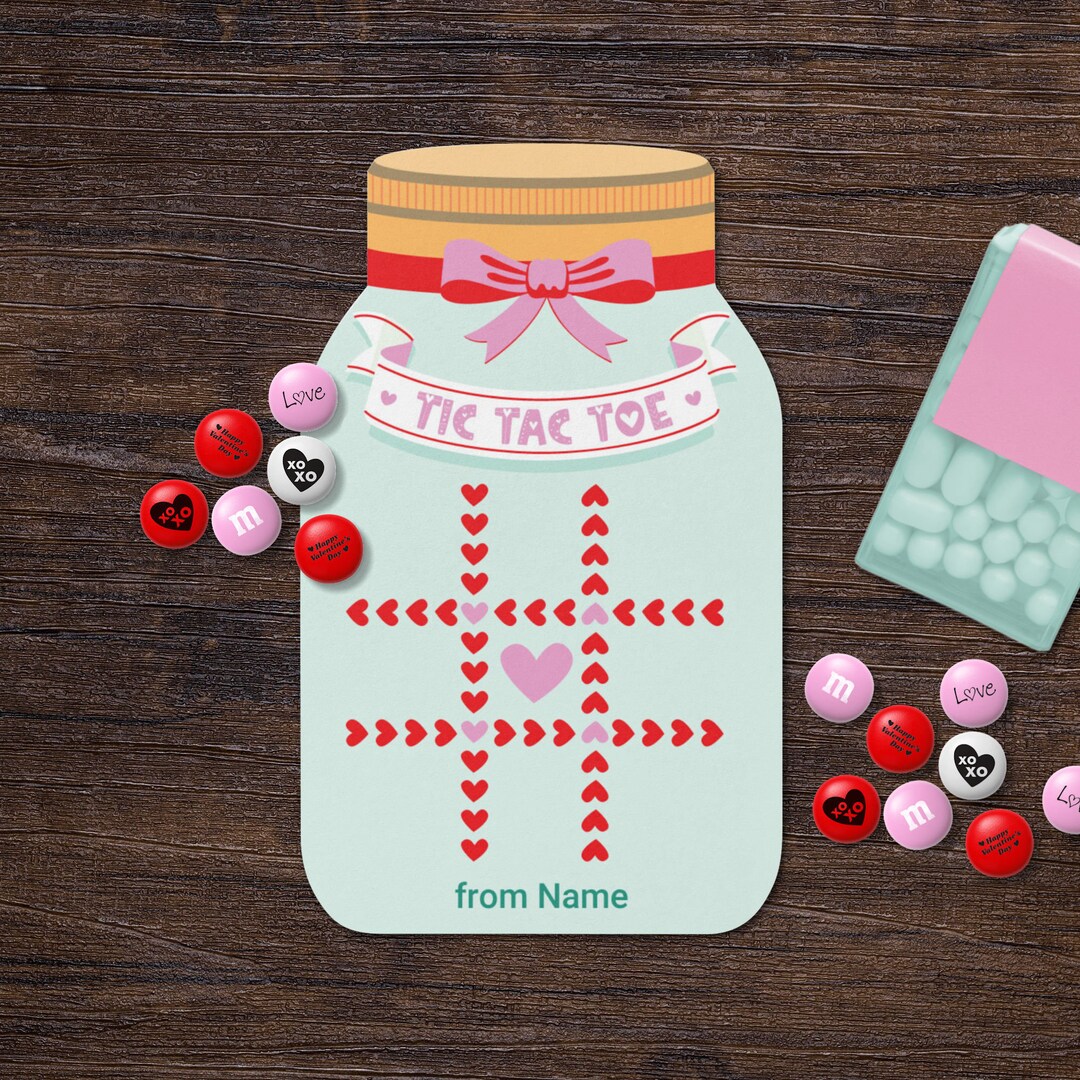 Tic Tac Toe Game Valentine's Day Printable Jar Card With Custom Name ...