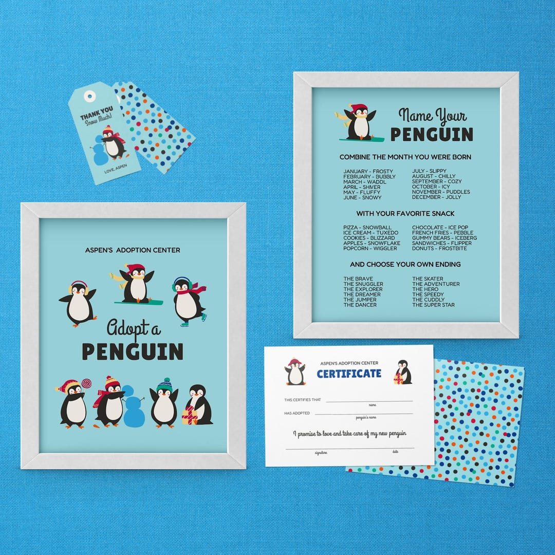Adopt a Penguin Birthday Activity Kit With Party Sign, Gift Tag ...