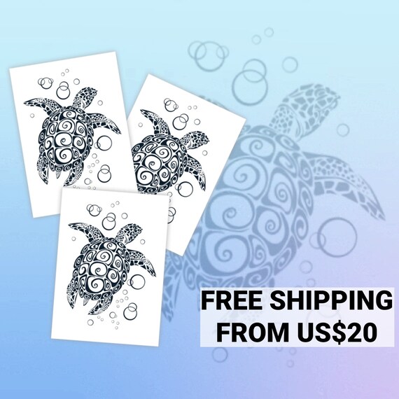 Sea turtle temporary tattoo transfers. Set of 3 ocean animal body ...