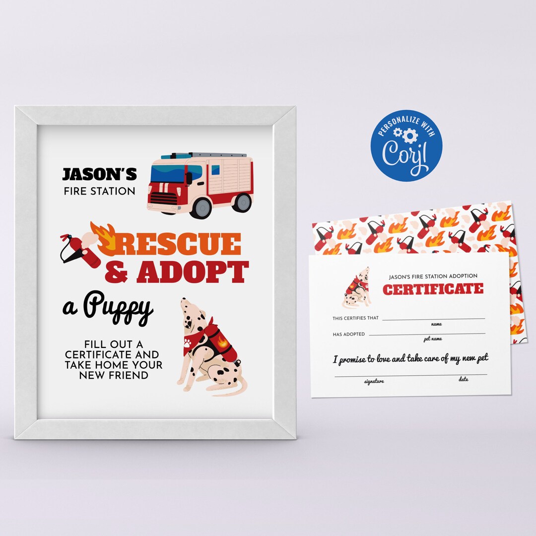 Rescue and Adopt a Puppy Sign and Adoption Certificate for Fire Station ...