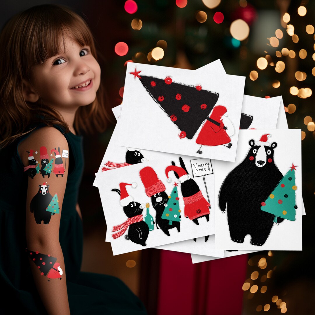 Christmas Temporary Tattoos. Forest Xmas Party With Bear, Rabbits and ...