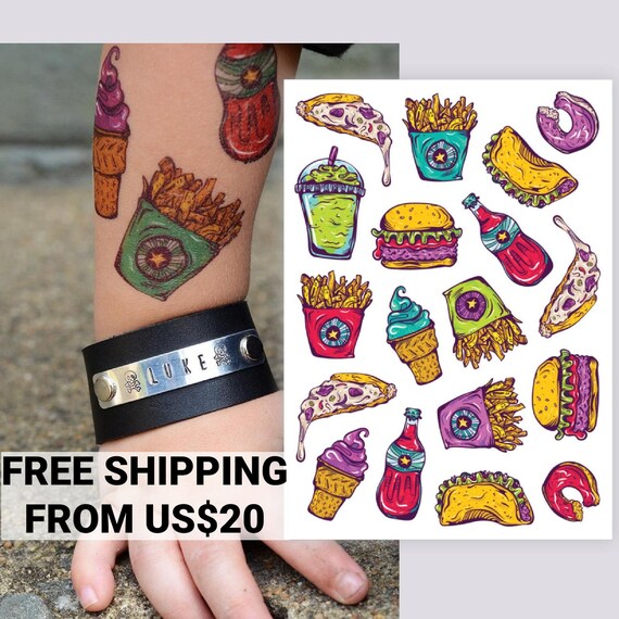 Fastfood temporary tattoo transfers: pizza, french fries, taco, ice ...