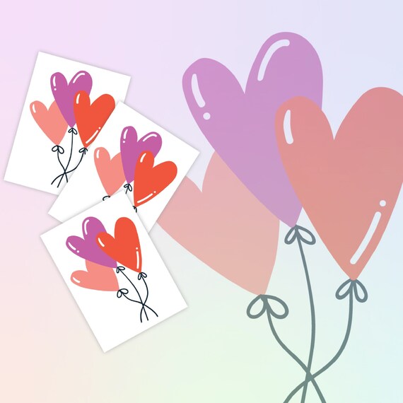Heart-Shaped Balloons Temporary Tattoo Transfers. Set of Body Stickers ...