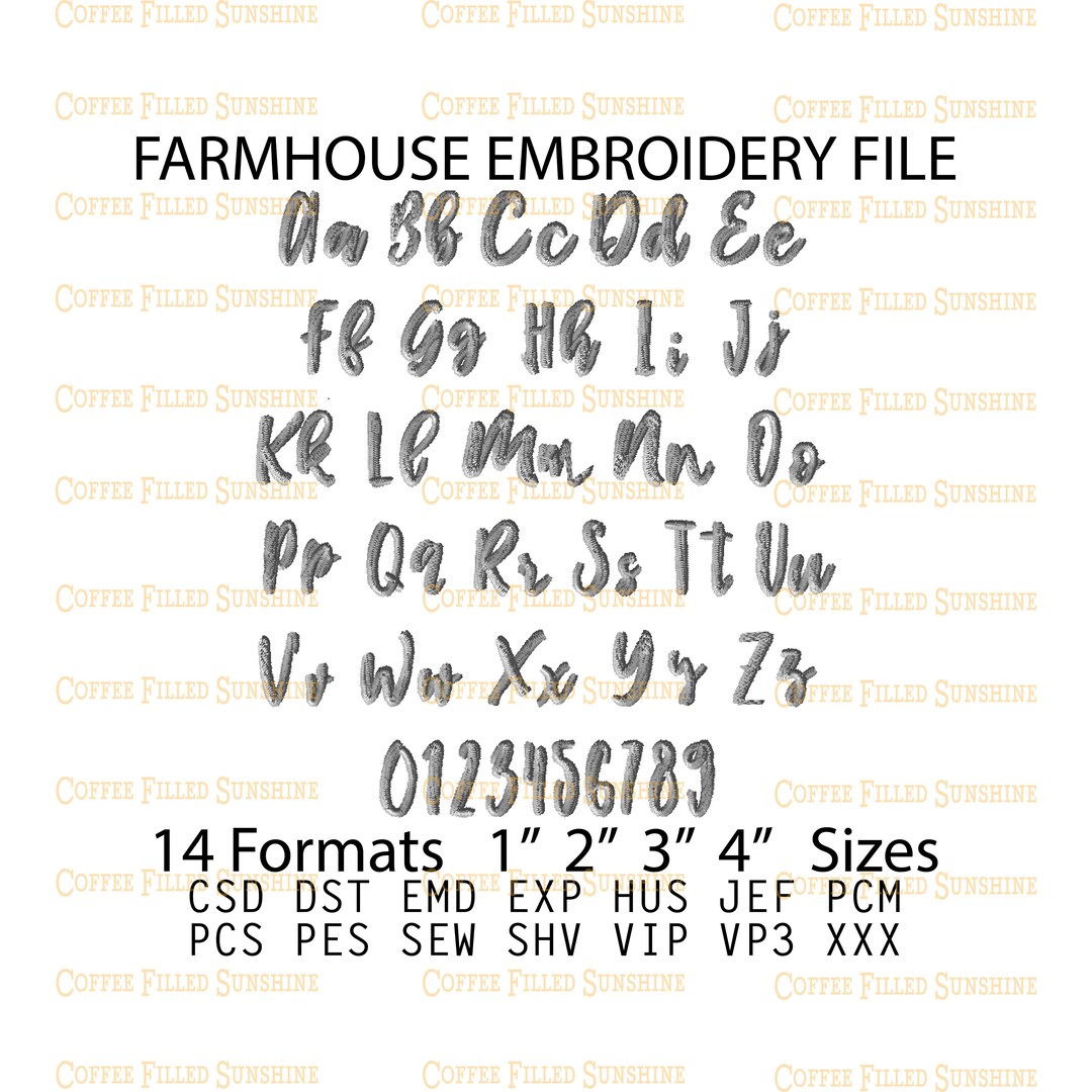 FARMHOUSE EMBROIDERY FONT - Digital Download, 4 Sizes - Csd Dst Emd Exp ...