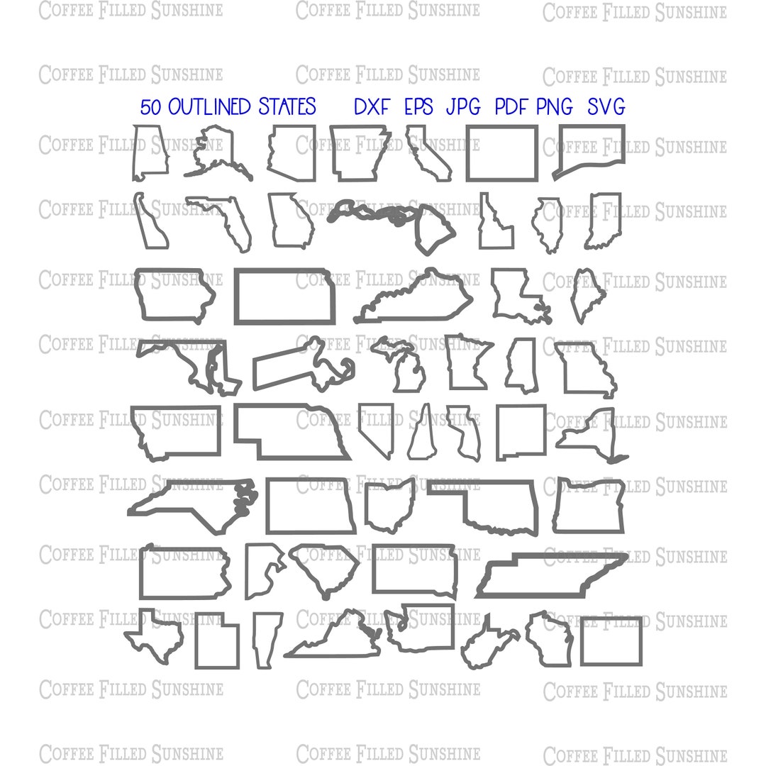 USA 50 OUTLINED States Digital Cut File - America Clipart, State ...