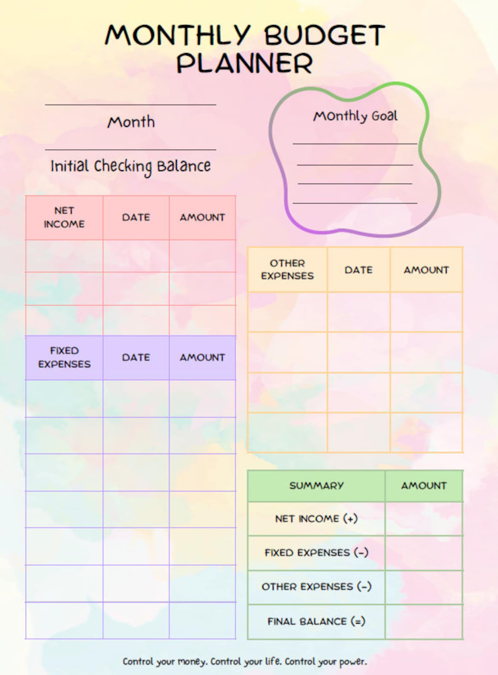Colorful Monthly Budget Printable Sheet | PDF Budget Planner| Print on ...