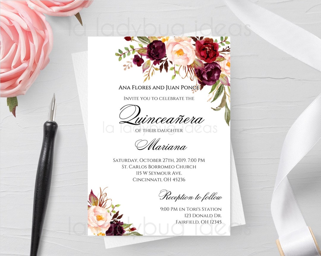 Floral Quinceañera Invitation Template, Editable & Printable (digital ...