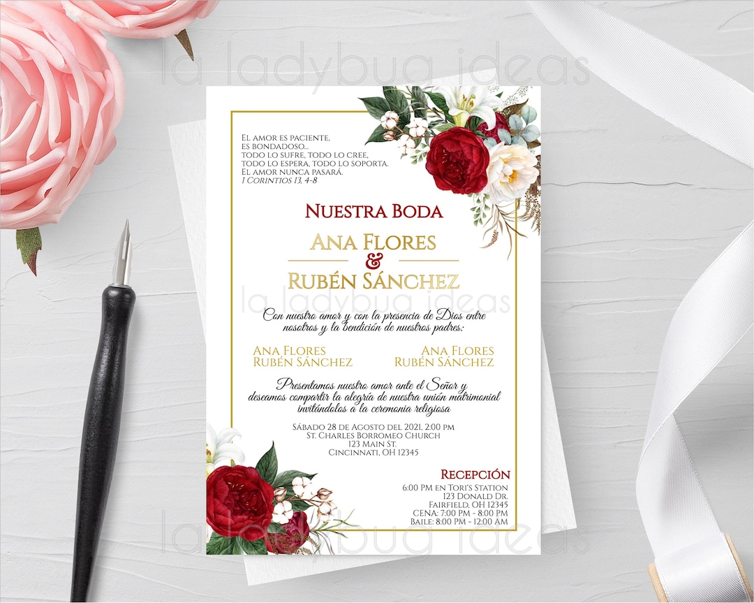 Invitaciones De Boda Para Editar/imprimir En Español, Roja Y Dorado ...