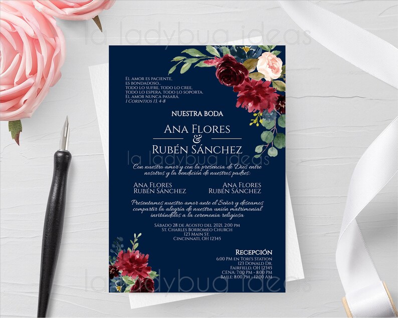 Floral Wedding Invitation, Blue & Burgundy, Spanish (digital Download ...