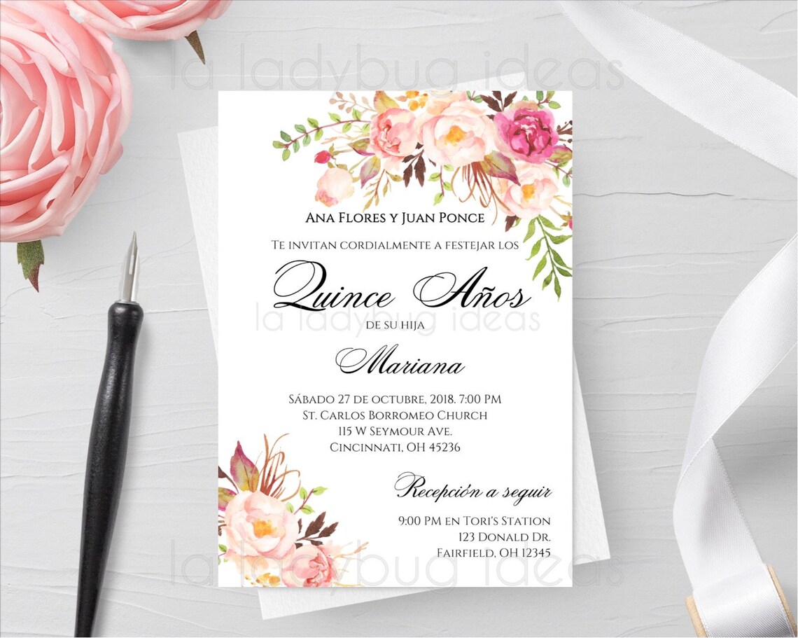 Spanish Quinceanera Invitation Template With Godparents List (digital ...